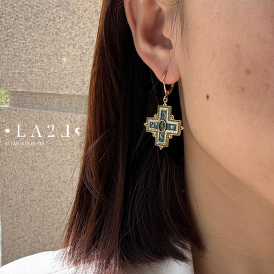 现货LA2L法国纯手工宝石镶嵌十字架珐琅复古高级耳坠耳环POUR TOI