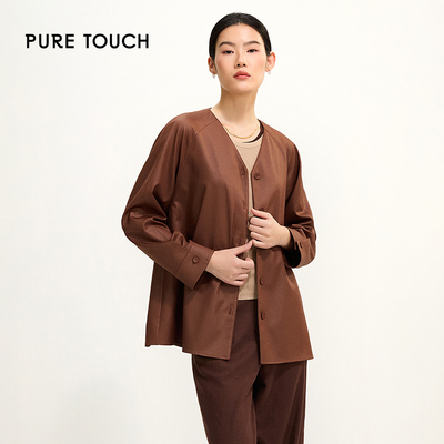pure touch女士短款V领外套H廓形设计通勤时尚百搭春季檀咖色上衣