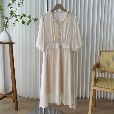 桑蚕丝 夏季新款花边V领短袖打褶设计飘逸连衣裙1E1/85025