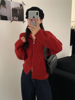 韩系简约风麻花双拉链海军领针织衫开衫女秋冬款加厚百搭毛衣外套