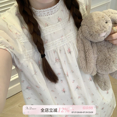 TheDouerr Nabi同款甜美蕾丝边泡泡袖碎花立领短袖连衣裙