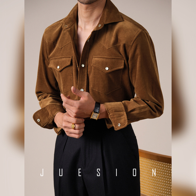 JUESION 秋冬新款灯芯绒棉衬衫男意式小方领商务复古休设计感衬衣