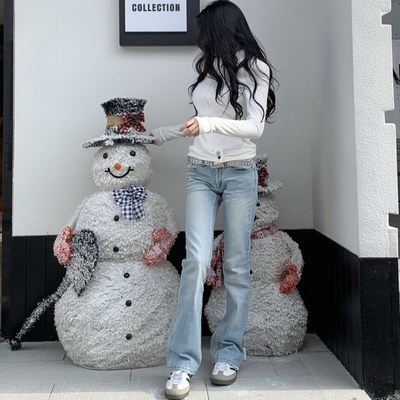 BlackRose ManZi独家复古浅色牛仔裤水洗休闲弹力长裤显高古着