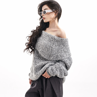 一字领灰色长袖秋冬单件常规款