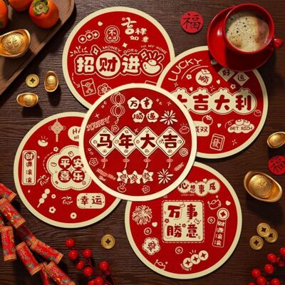 新年喜庆餐垫2026马年防烫隔热垫吸水杯垫硅藻泥茶杯垫防滑桌垫子