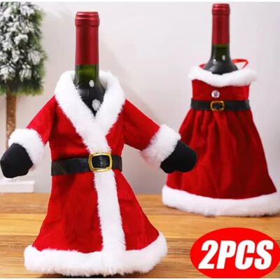 2PCS Christmas Wine Bottle Cover Velvet Dress Clothes Set Wi