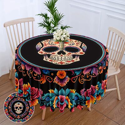 VIKAMA Multicoloured Wreath Skull Round Tablecloth Patio Tab