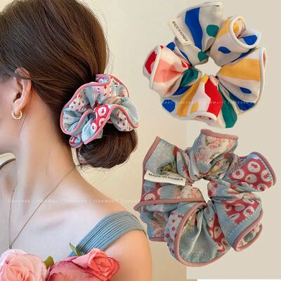 Korea oversized Print Scrunchies For Women big Flower Hair B