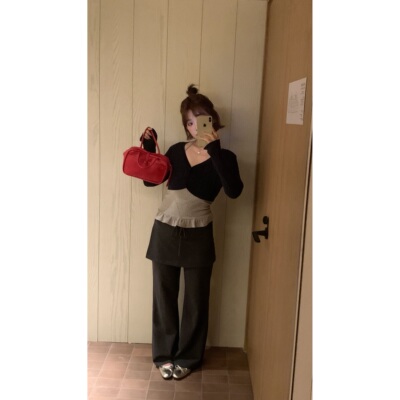 黑色高腰微喇垂感显瘦休闲裤