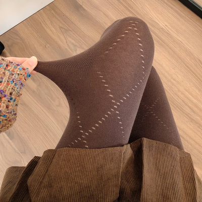 复古咖啡色连裤袜镂空菱形打底袜