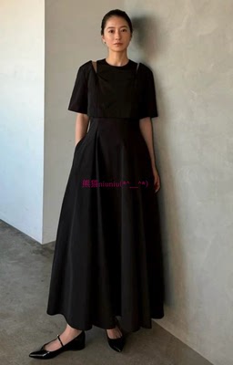 假两件式镂空分层收腰喇叭连衣裙