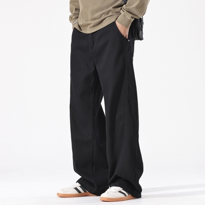 August美式水洗工装休闲裤男秋冬新款黑色百搭宽松直筒牛仔长裤子