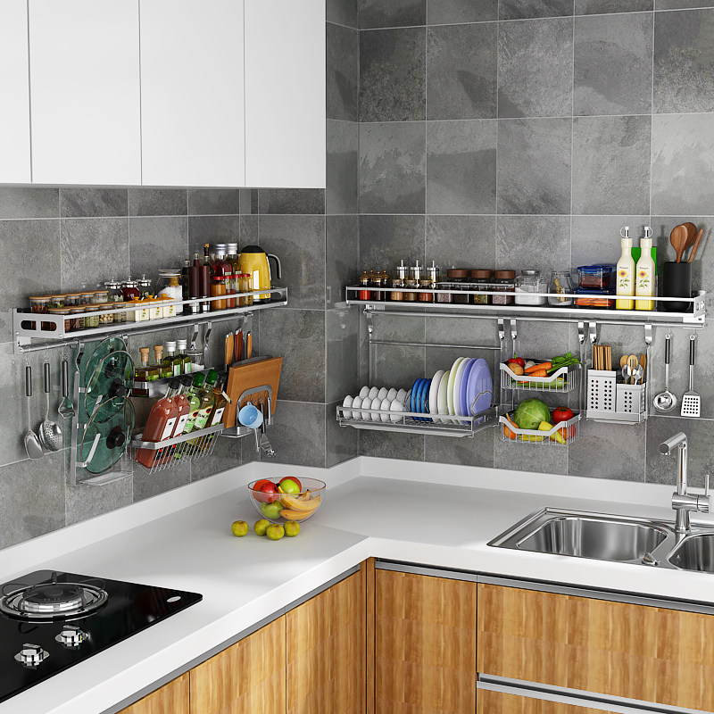 免打孔厨房置物架壁挂式挂架304不锈钢调味品锅盖碗碟筷子收纳架_虎窝淘