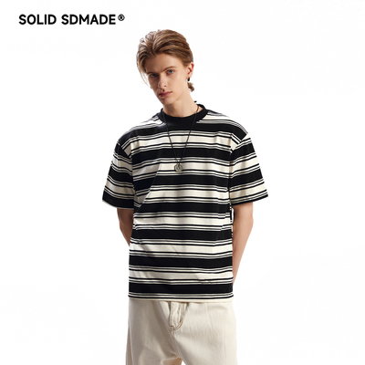 美式休闲重磅条纹短袖T恤男夏季