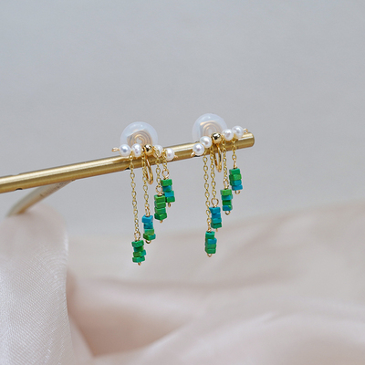 新中式古风绿松石流苏珍珠耳夹无耳洞耳骨夹法式少女耳环潮50468