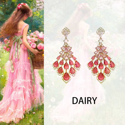 轻奢粉色孔雀羽毛耳环长款个性夸张耳坠重工粉裙子气质大耳饰8149