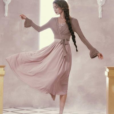 LaceMade 粉雾芭蕾 法式少女针织弹力吊带裙紫色连衣裙长款春夏