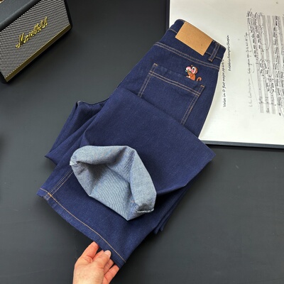 卡通刺绣靛蓝色牛仔窄版阔腿长裤