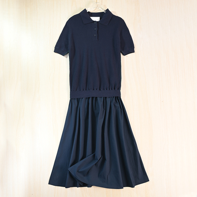 优雅Polo领针织衫拼接短袖连衣裙