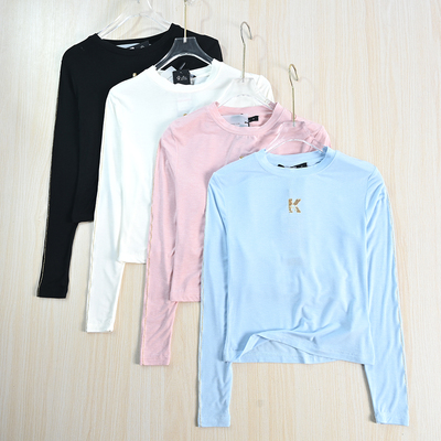 轻薄亮丝刺绣短款修身长袖T恤