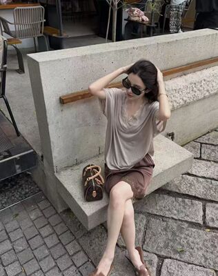 CICI CLEAN极简风天丝亚麻V领蕾丝拼接小衫夏高级感宽松显瘦上衣