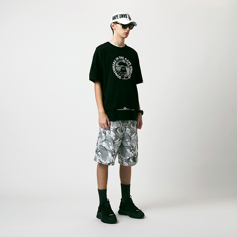 Aape男装春夏猿颜徽章字母印花休闲迷彩短裤6737XAG_虎窝淘