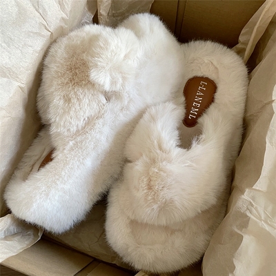 6cm厚底~网红仙女风交叉毛毛拖鞋