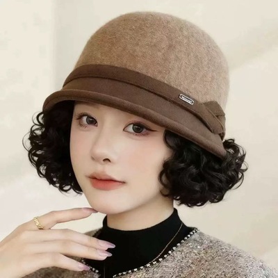 帽子假发一体秋冬新款加厚羊毛呢渔夫帽慵懒卷洋气减龄短卷发头套
