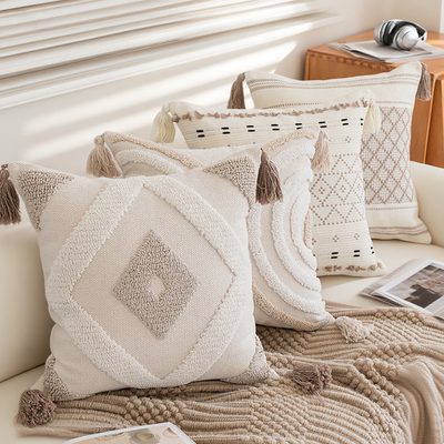 北欧风ins抱枕家用简约沙发带流苏靠垫小方格簇绒抱枕套枕芯