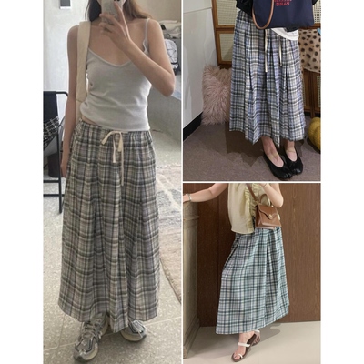 Dearest混彩格子纯棉抽绳半身裙