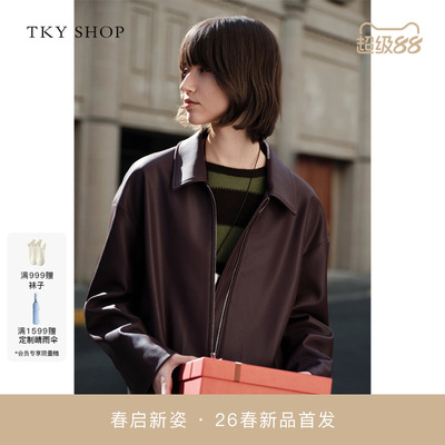 TKYSHOP翻领短款PU皮外套