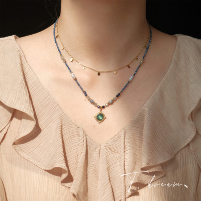 nicedream深蓝复古猫眼串珠项链