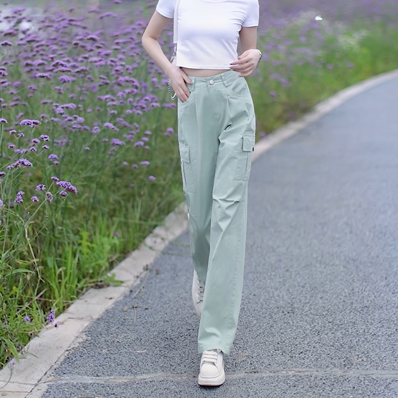 2026夏季薄款工装风高腰阔腿裤女薄荷绿休闲裤显瘦时尚百搭直筒裤