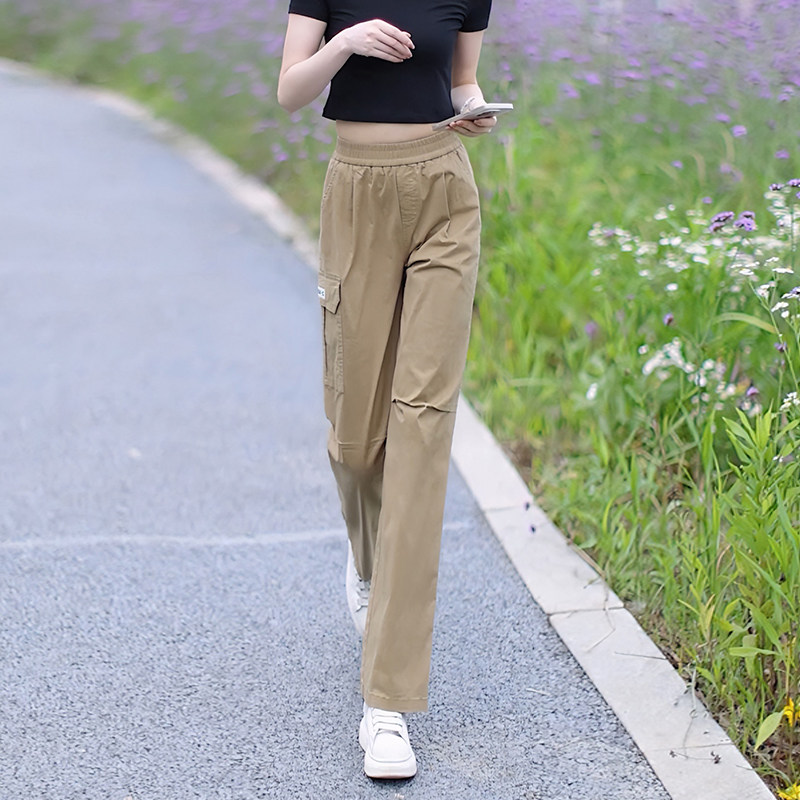 时尚高腰工装风阔腿裤女2026夏季薄款百搭显瘦多口袋休闲裤卡其色