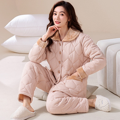 Women Pajama Ladies Homewear Female睡衣女针织夹棉睡衣女冬季