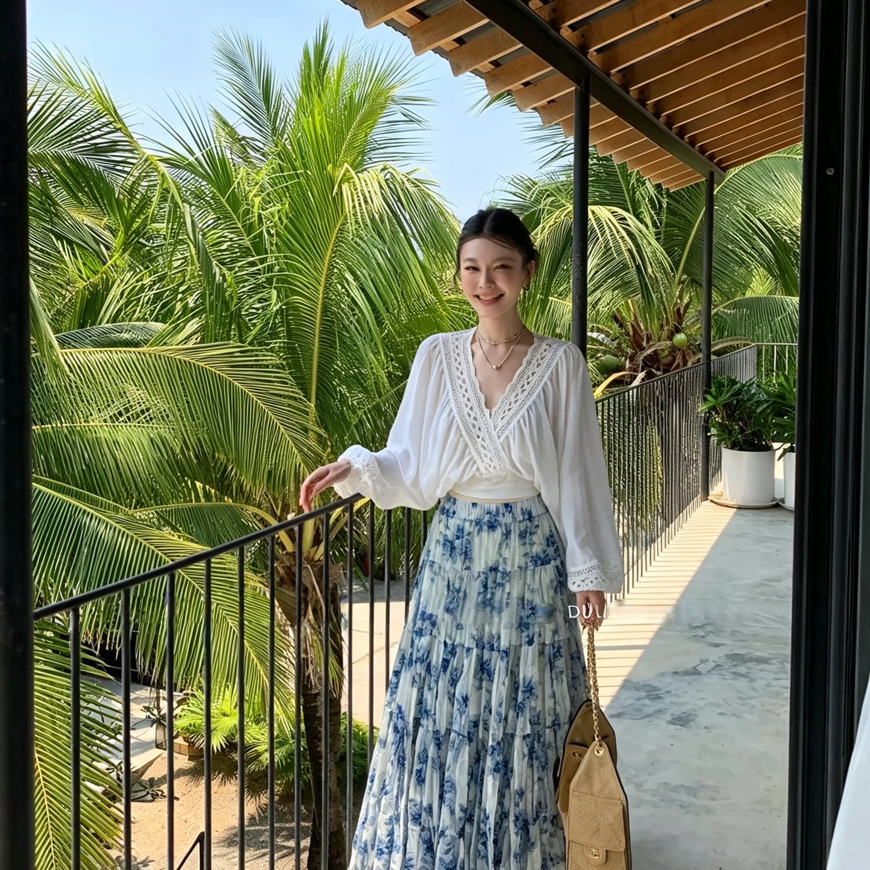 仙女蕾丝刺绣短衬衫+度假风雪纺碎花半身裙两件套夏季旅游穿搭女