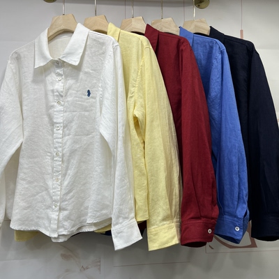 水木工芳新款小众设计师款亚麻衬衫女翻领小刺绣上衣2632