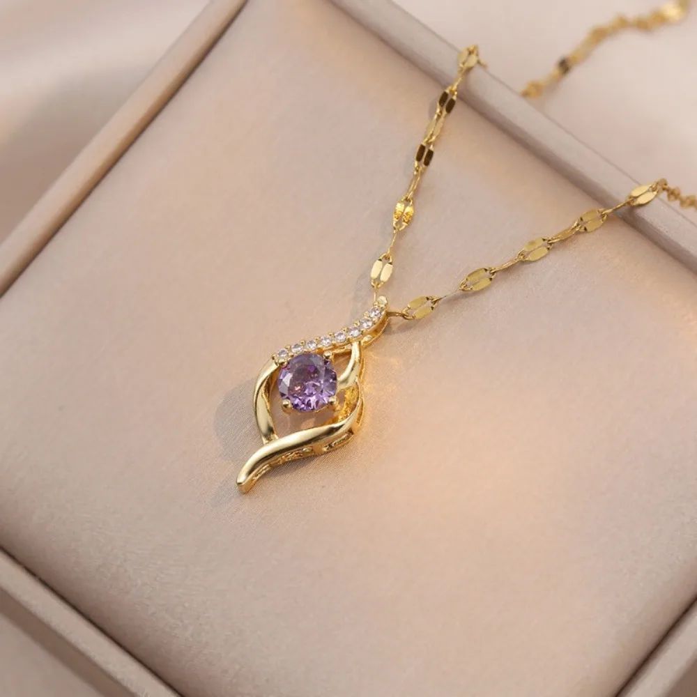Stainless Steel Temperament Retro Purple Crystal Pendant Nec