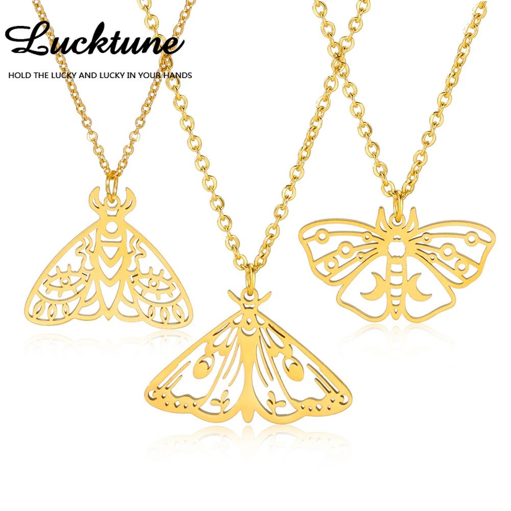 Vintage Eye Moth Pendant Necklace Stainless Steel Celestial