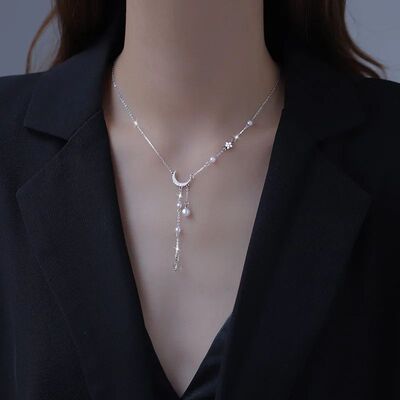 New Star Moon Necklace Pearl Tassel Collarbone Chain Sparkli