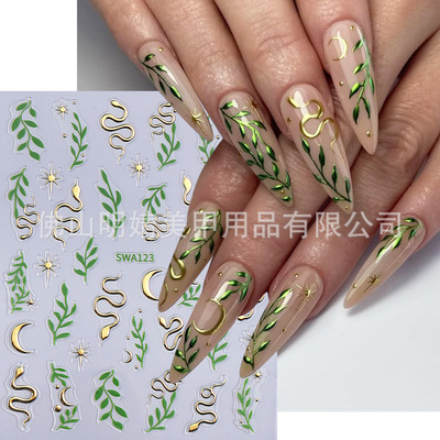 Bronzing Nail Stickers Leaf Snake Pattern Gold And Silver Bo