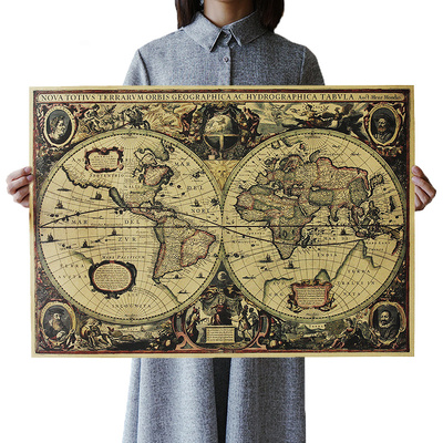 Retro World Map Nautical Ocean Map Poster Vintage Kraft