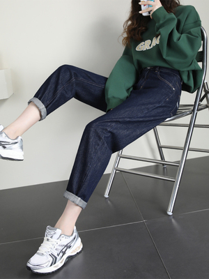 丹宁蓝哈伦牛仔裤女2025新款春秋夏季高腰萝卜九分小个子老爹裤子