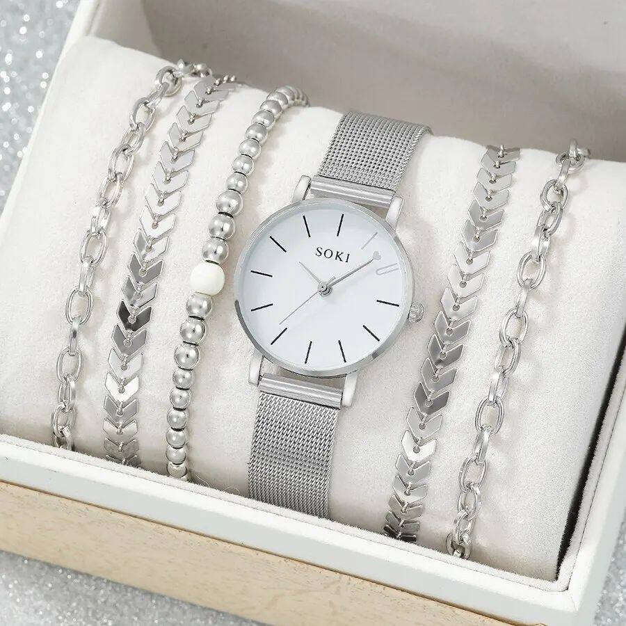 6pc Simple Silver Quartz Watch With Bracelet For Women Casua