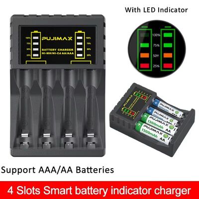 4 Slots Intelligent Ni-Mh Battery Charger For Rechargeable Charger Cable 1.2V AA Ni-MH Battery With