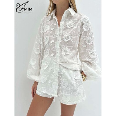 Summer White Cotton 2Pc Sets Women Outfit Casual Jacquard Bu