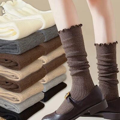 Women Autumn Trendy Ruffles Knitted Long Sock Warm Over Stoc