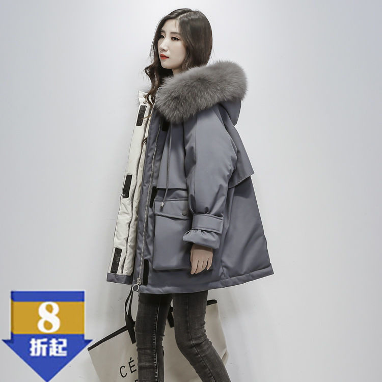 派克服女中长款韩版秋冬季新款羽绒棉服女宽松加厚大毛领棉衣外套