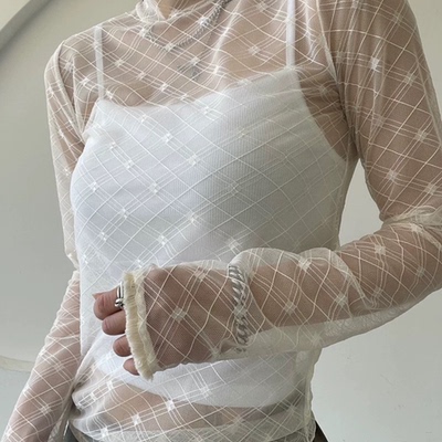 2色秋冬内搭基础韩国新款袖口须须流苏花边网格蕾丝打底衫长袖T恤