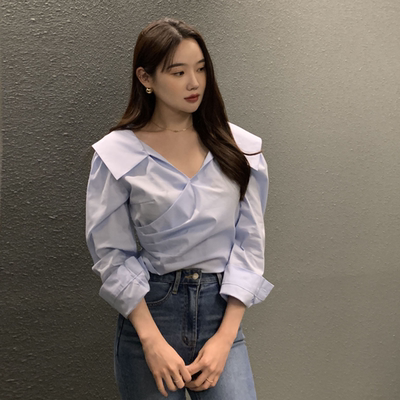 韩国chic 早春 设计感V领压褶长袖衬衫